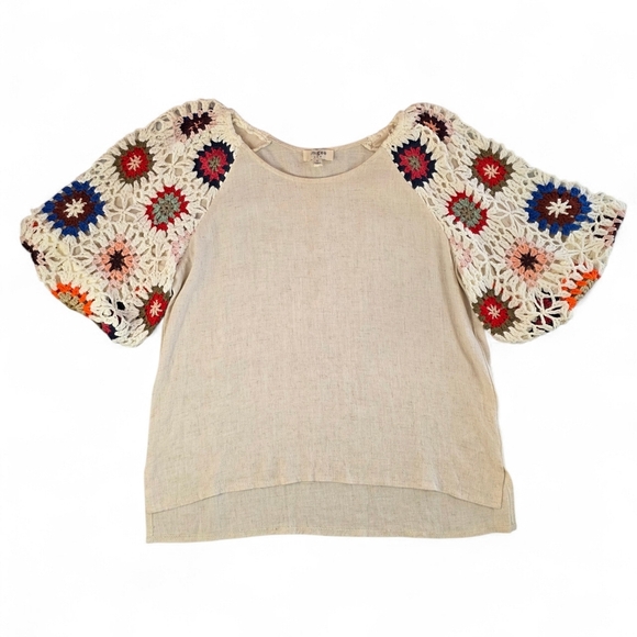 Umgee | Tops | Umgee Linen Blend Boho Blouse Crochet Granny Square Puff ...